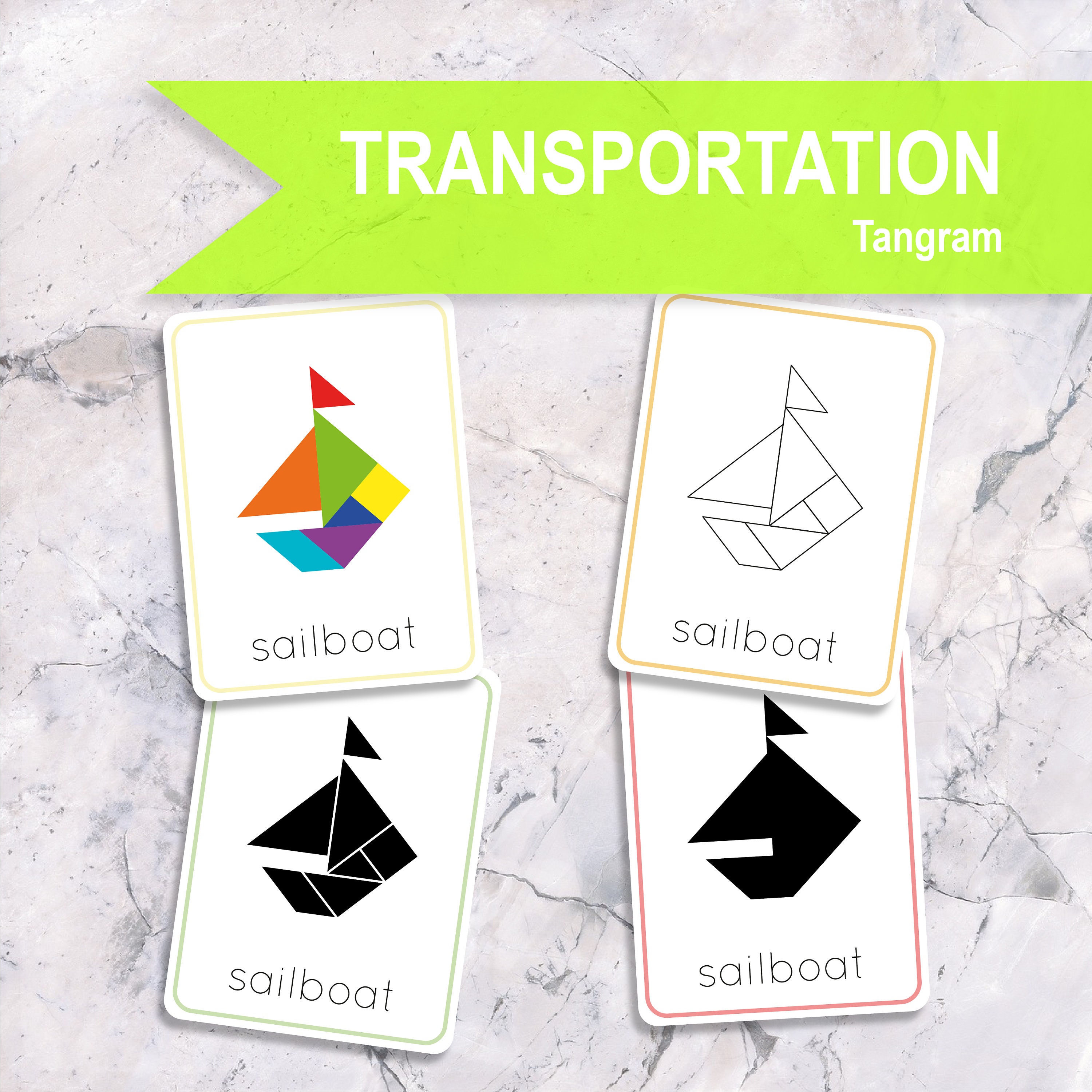 Casse-tête Tangram sur les transports : cartes-éclair pour véhicules ...