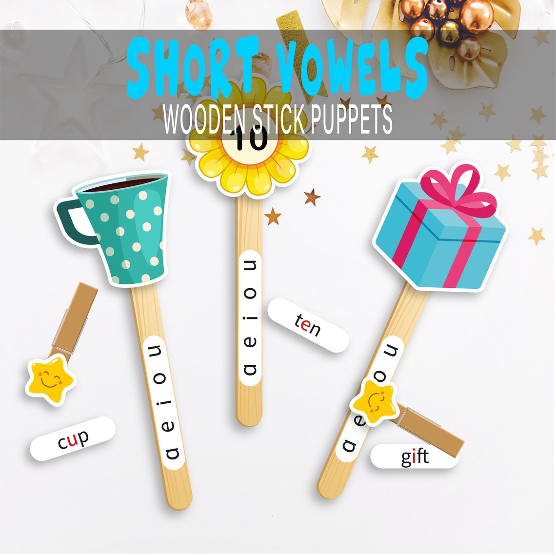 SHORT VOWEL Wooden Stick Puppets Printable Toddler Busy Book ...