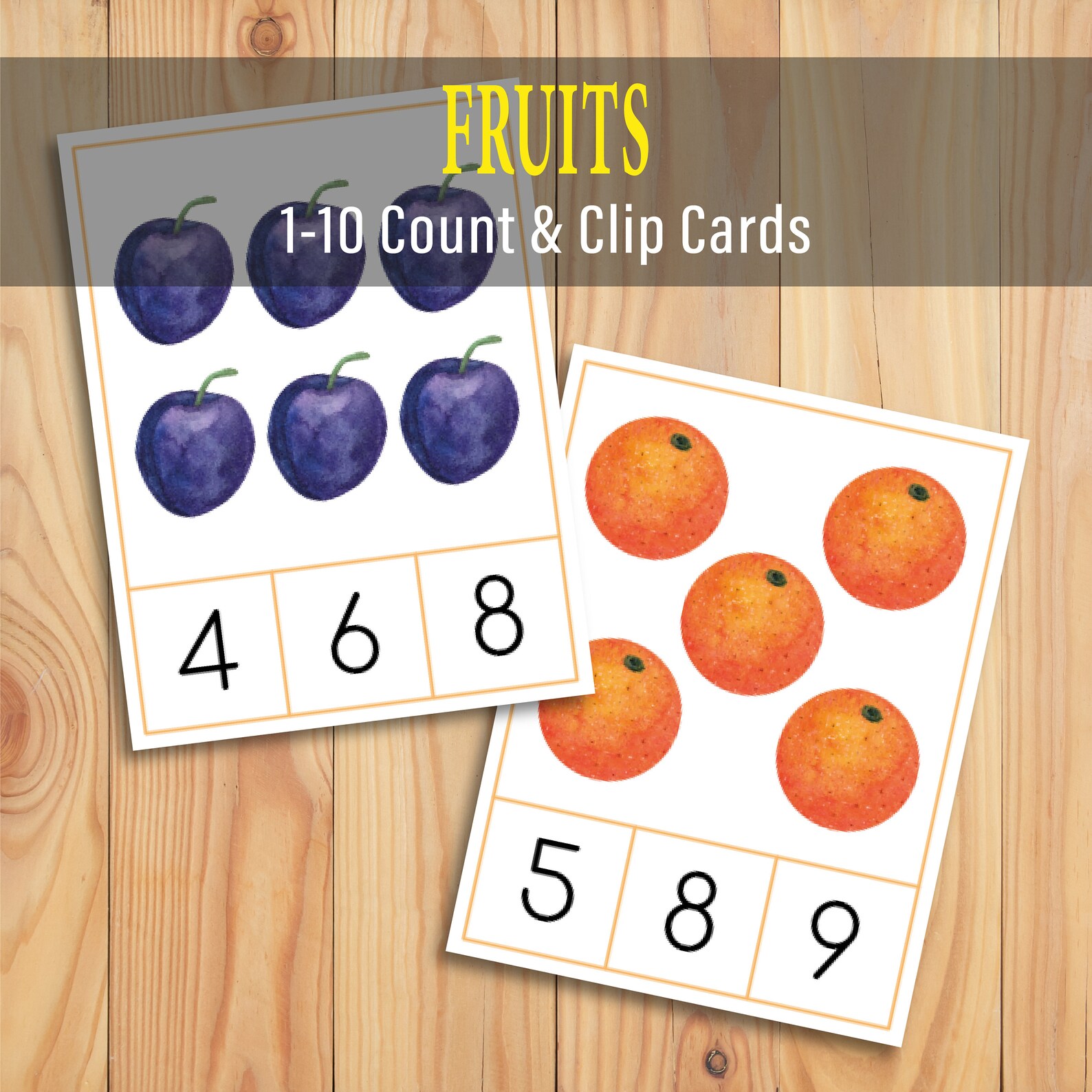 FRUITS 1-10 Count and Clip Cards Watercolor Printable Number Toddler ...