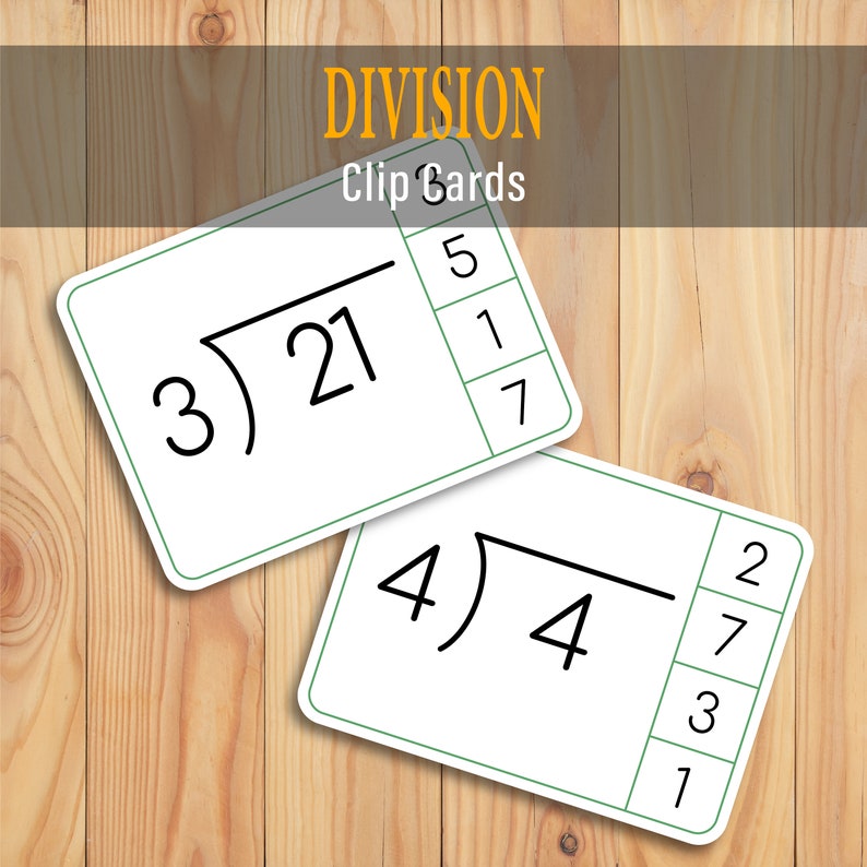 DIVISION (100 Cards) Clip Cards, Math Flash Cards, Printable Toddler ...