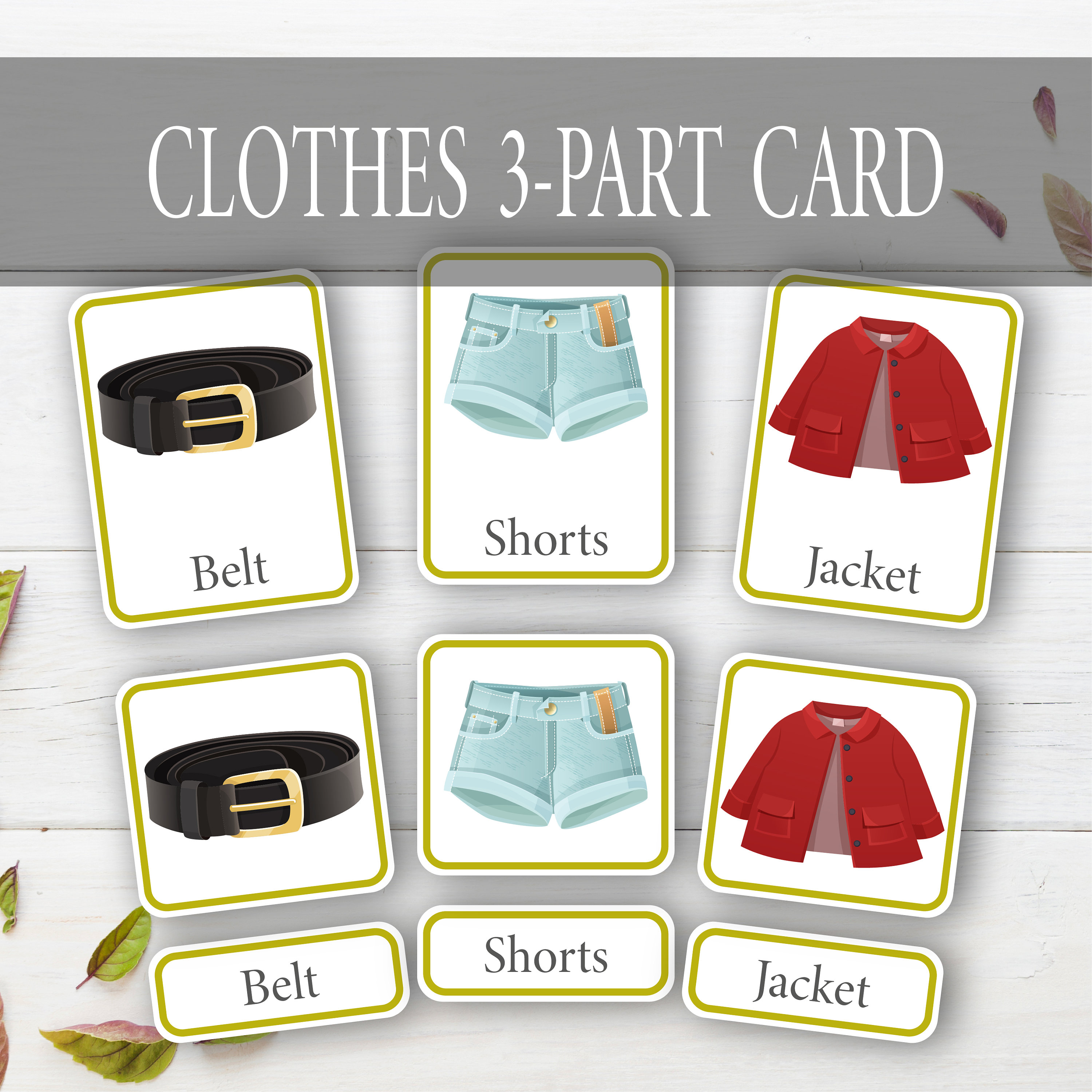 CLOTHES Three Part Flash Cards, Montessori Toddler Printable Flashcard ...