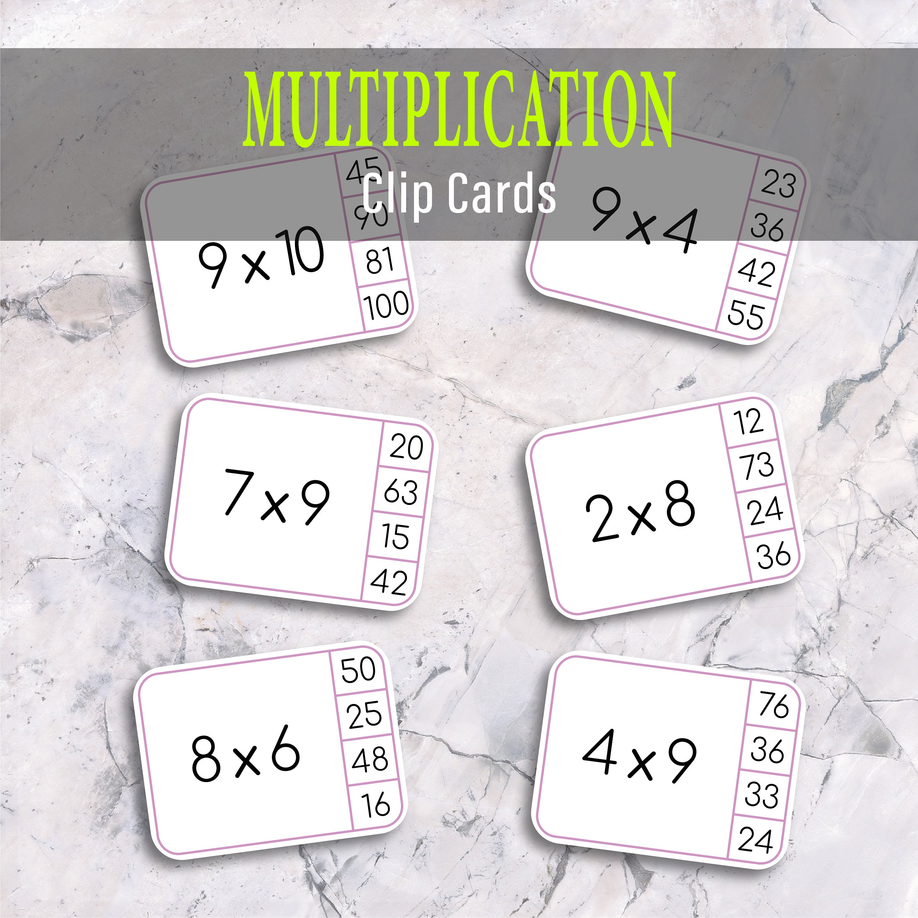 MULTIPLICATION 110 Cards Clip Cards, Math Flash Card, Printable Toddler ...