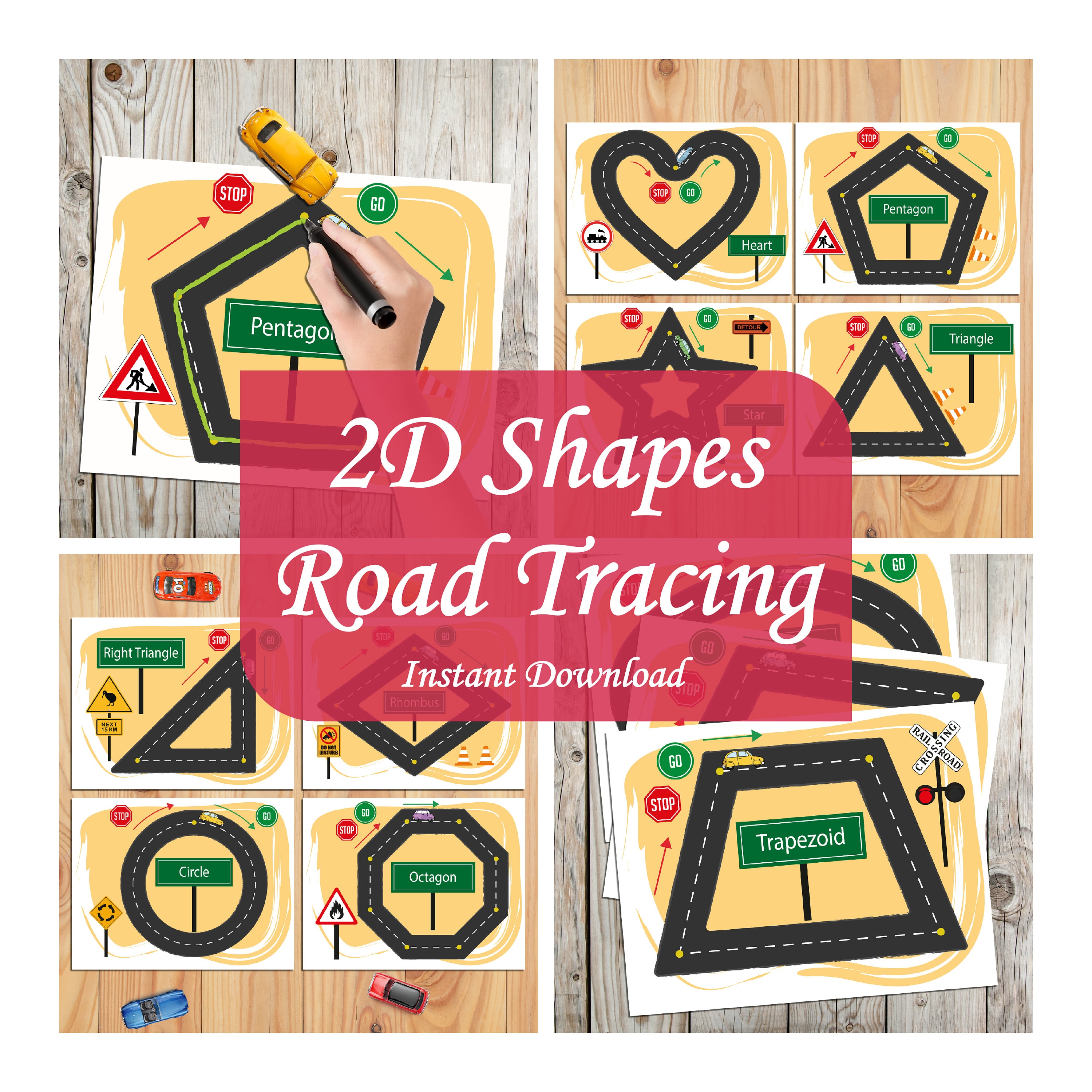 2D Shapes Road Tracing Printable: Toddler Car Activity (PDF) - Etsy