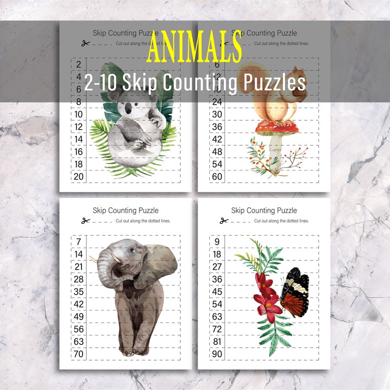 ANIMALS 2-10 Skip Counting Sequence Number Puzzle Printable | Etsy