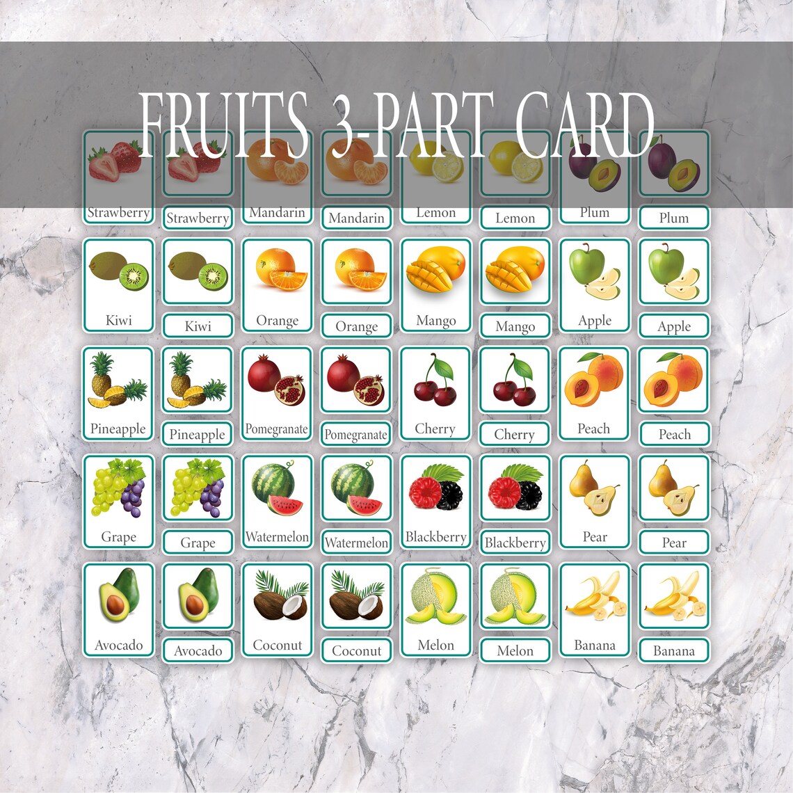 FRUITS Three Part Flash Cards, Montessori Preschool Toddler Flashcard ...
