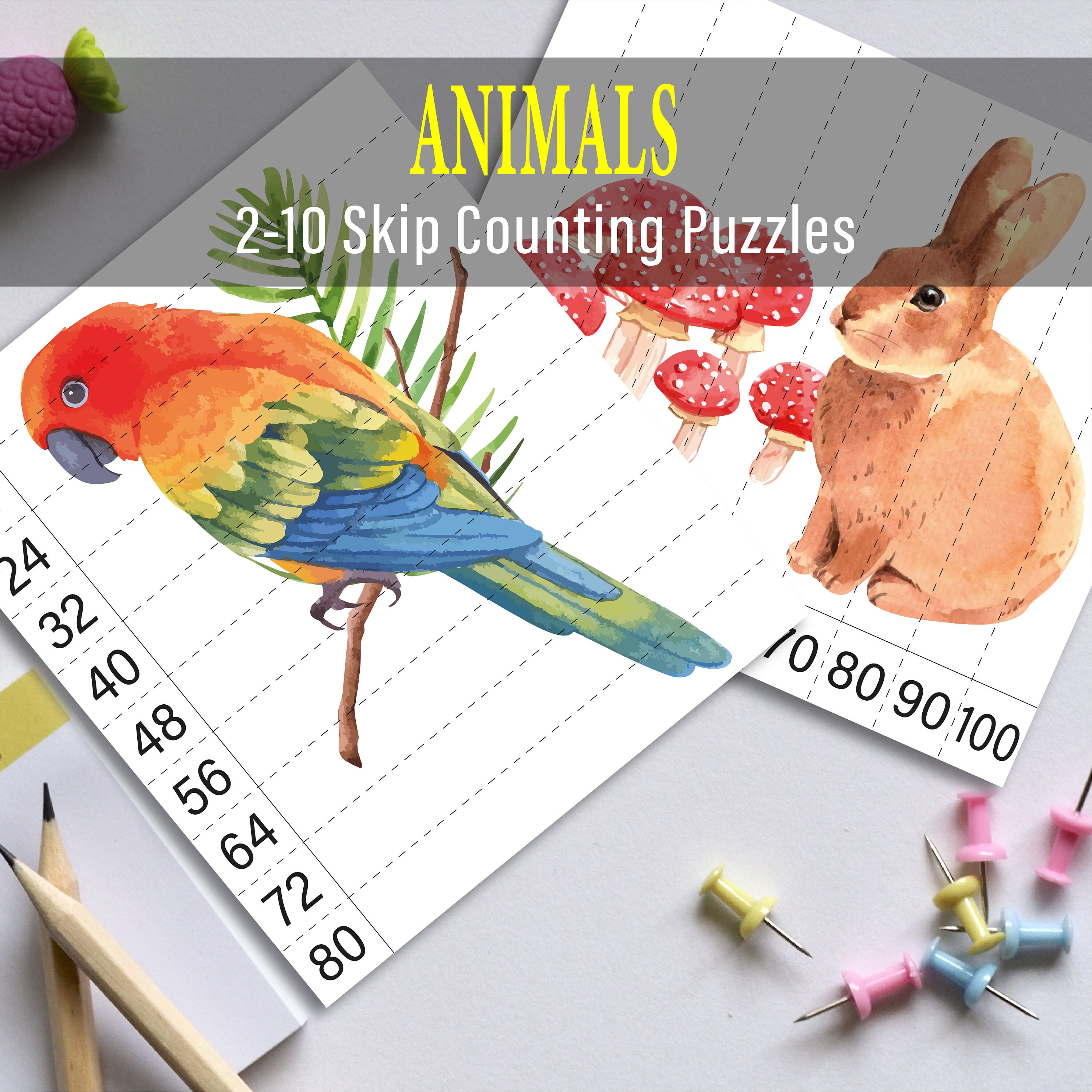 ANIMALS 2-10 Skip Counting Sequence Number Puzzle Printable | Etsy