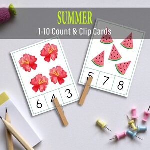 SUMMER 1-10 Count and Clip Cards Watercolor Printable Number Toddler ...