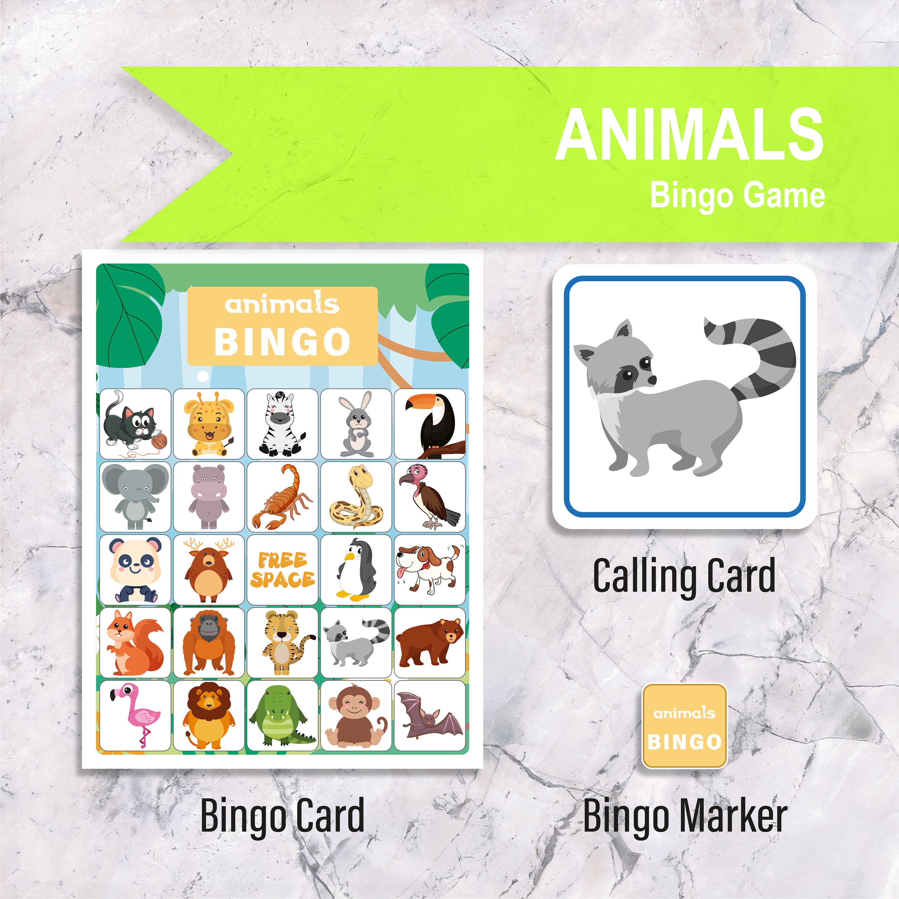 ANIMAL BINGO 20 Cards Game, Zoo Printable Party Game, Instant Digital ...