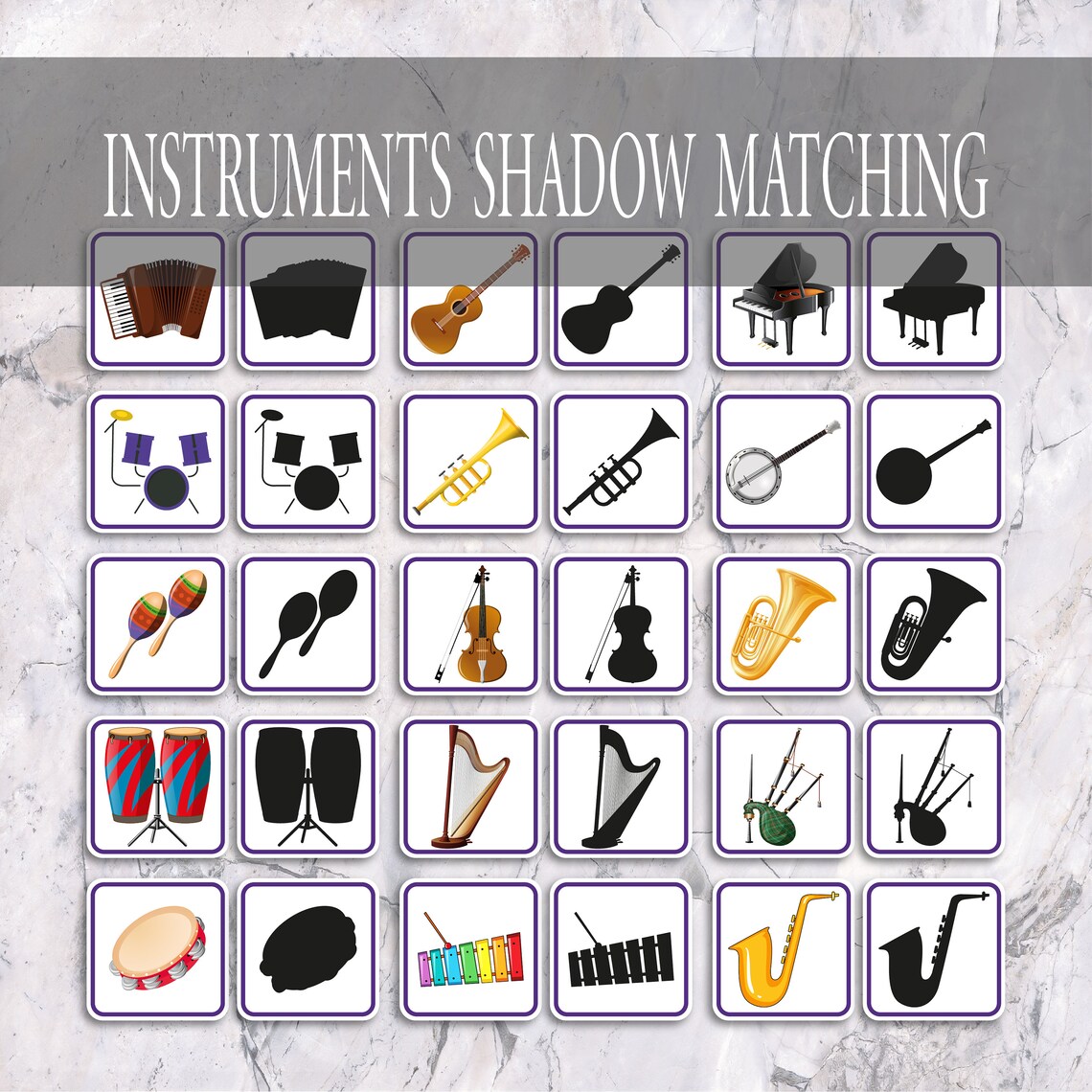 Musical Instruments Shadow Matching Card, Montessori Cards, Memory Game ...