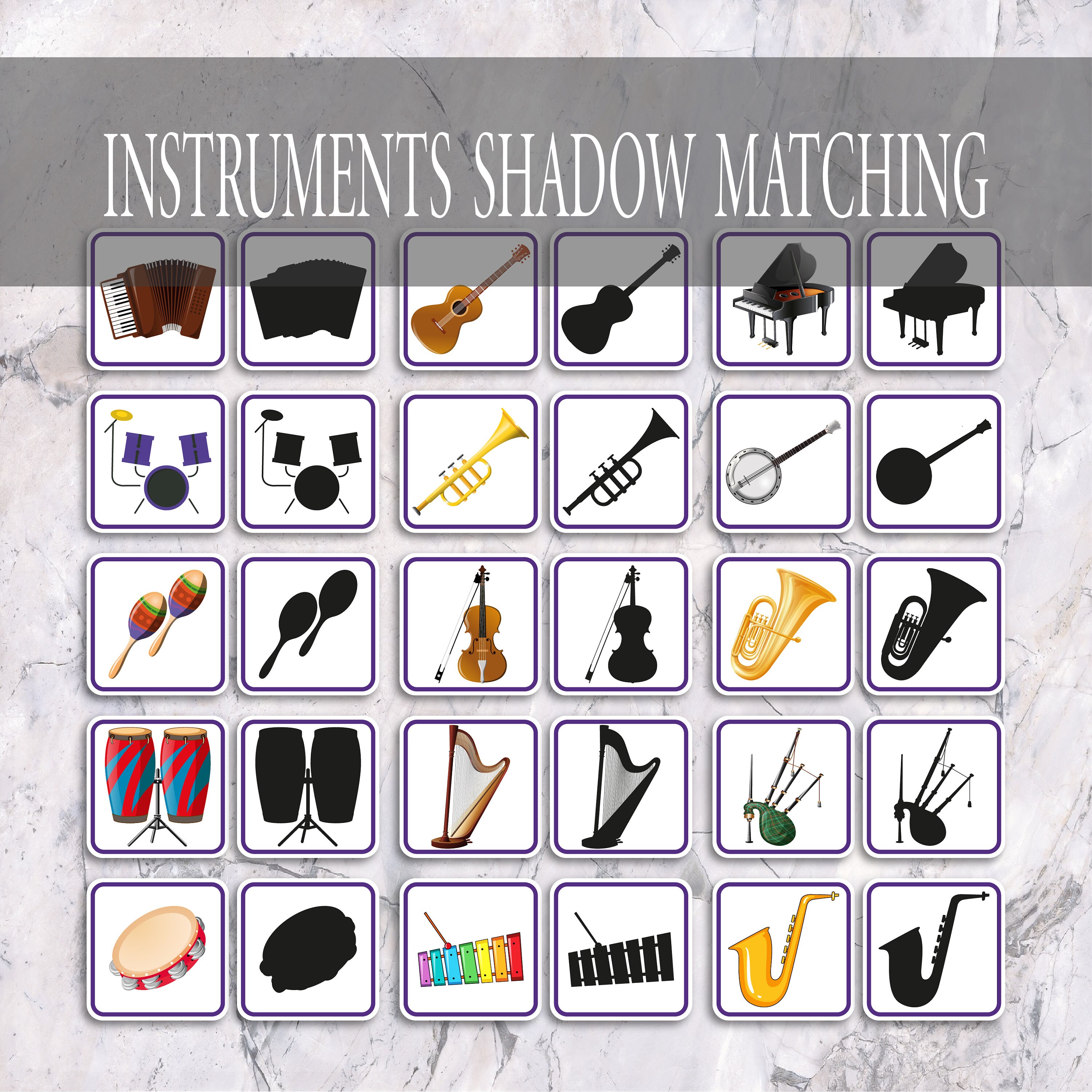 Musical Instruments Shadow Matching Card, Montessori Cards, Memory Game ...