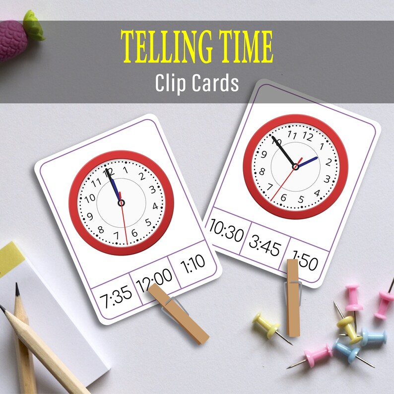 TELLING TIME (32 Cards) Clip Cards, Clock Flash Cards, Educational ...