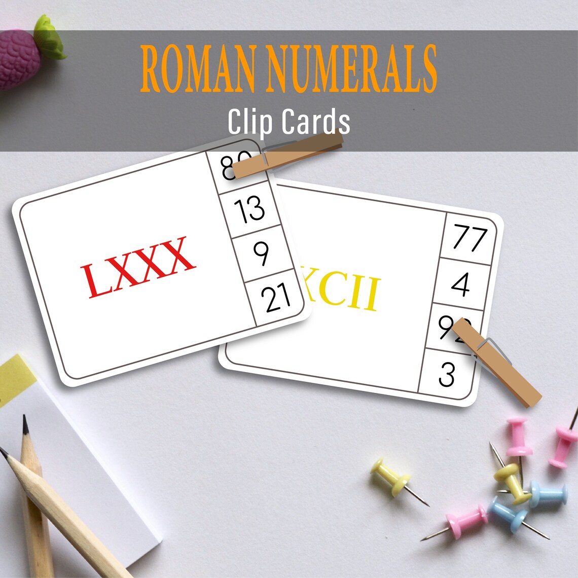 ROMAN NUMERALS 1-100 Clip Cards, Math Flash Cards, Educational ...