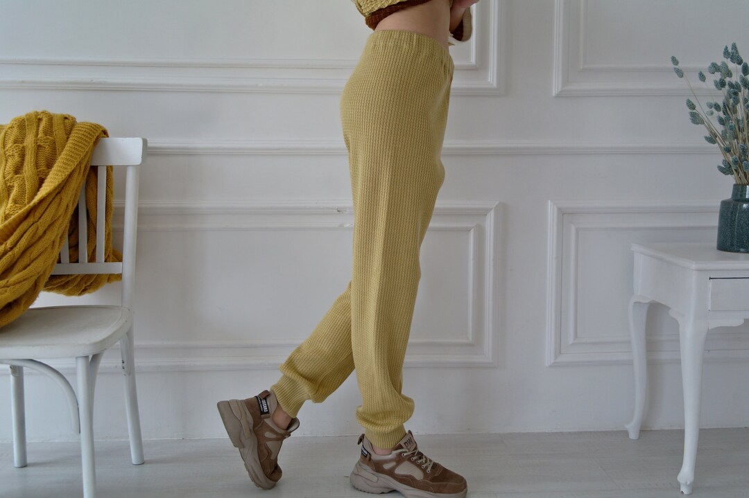 WOOL KNITTED PANTS, Knit Pants With Cuffs, Knitted Tapered Pants, Women ...