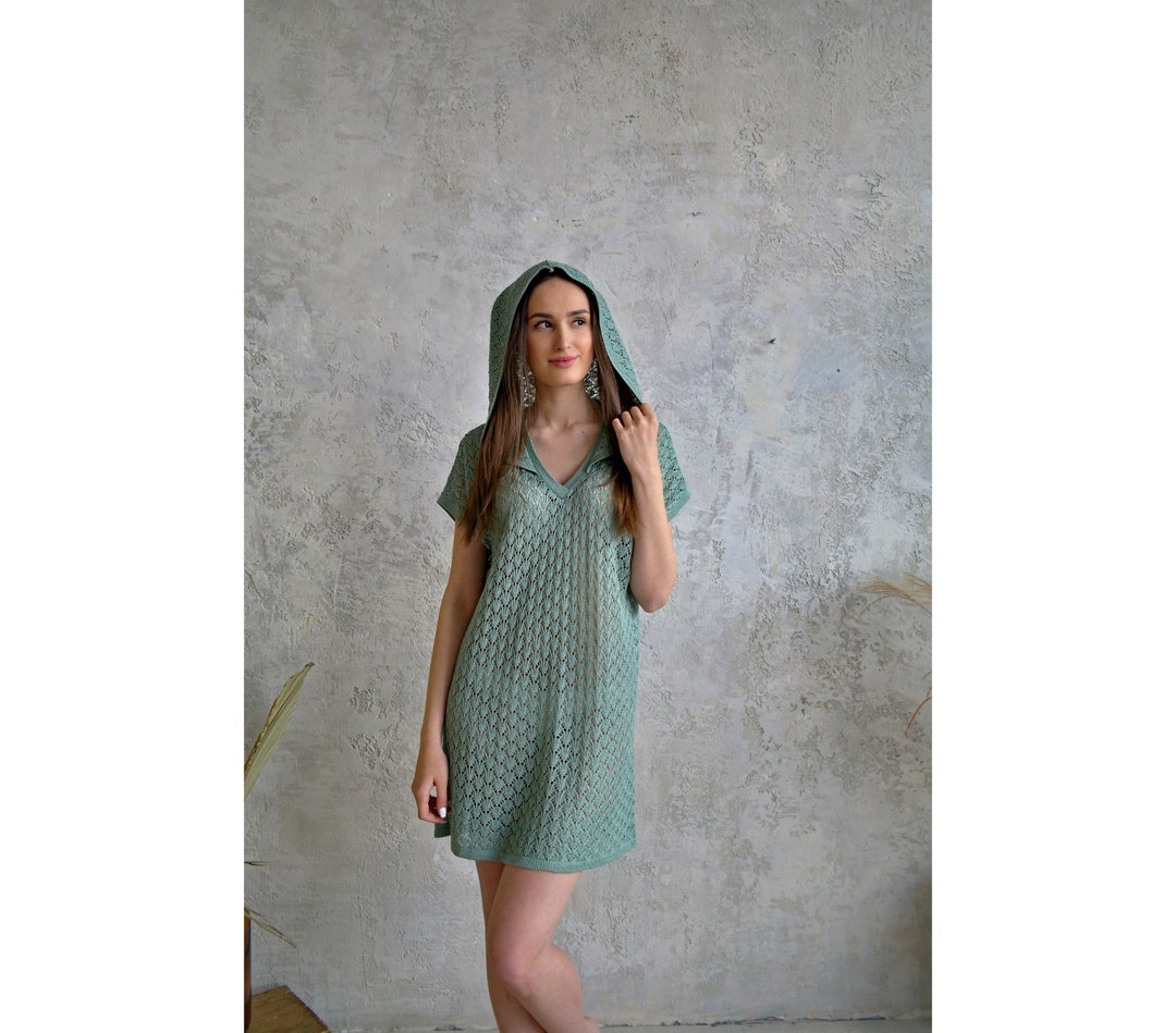Luxury BEACH DRESS, Hooded Knitted Tunic, Openwork Beach Top, Short Beach Dress, Mini Beach ...