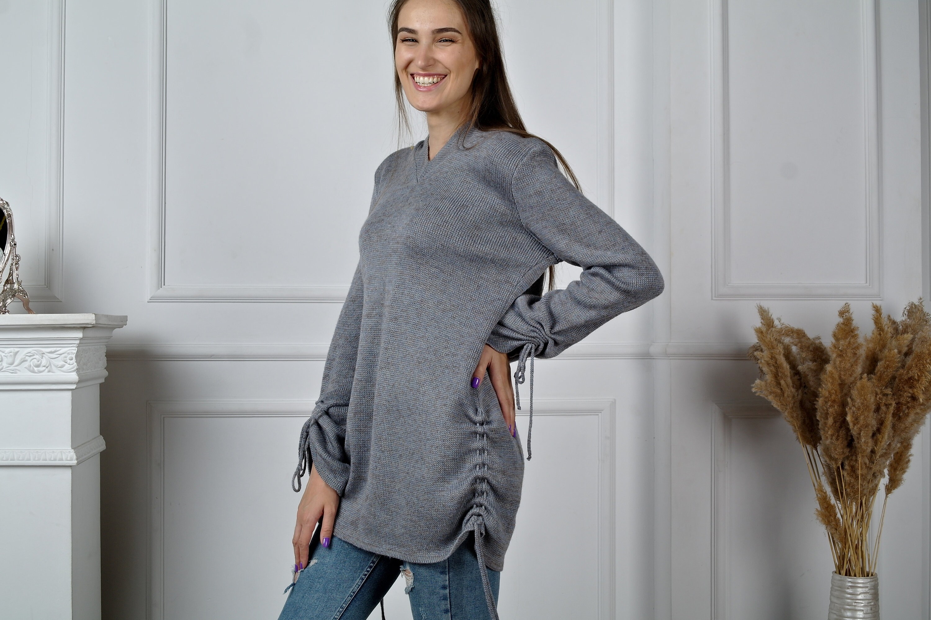 WOOLEN HOODIE Knitted Tunic Warm sweater Woolen mini dress | Etsy