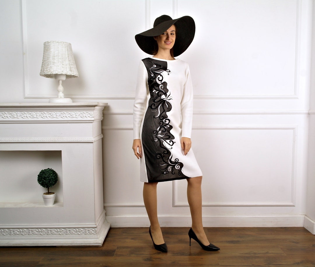 WOOLEN KNIT DRESS, White and Black Knitted Dress, Elegant Woolen Dress ...