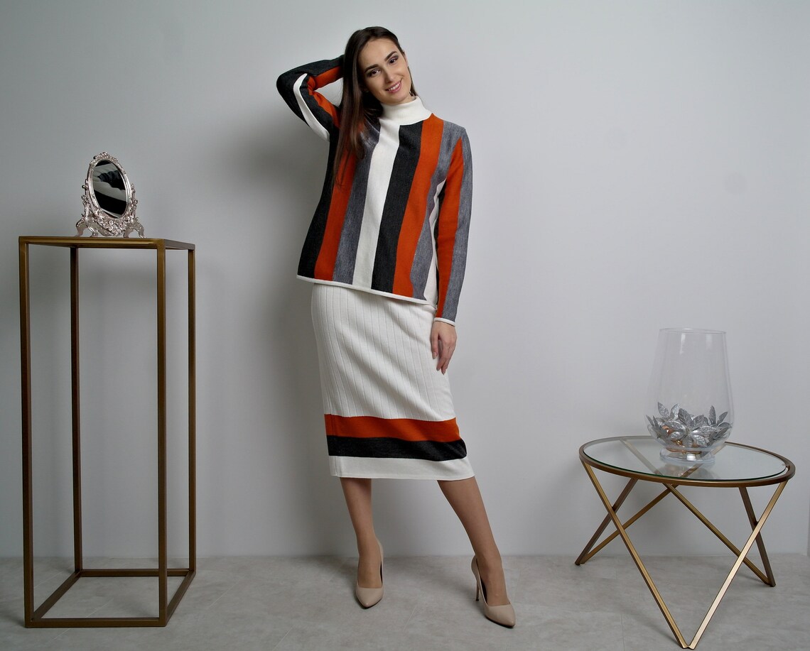 KNITTED SUIT Striped Autumn Suit Wool Women's Suit Knit - Etsy