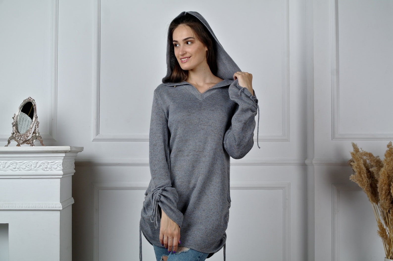 WOOLEN HOODIE, Knitted Tunic, Warm Sweater, Woolen Mini Dress, Short ...