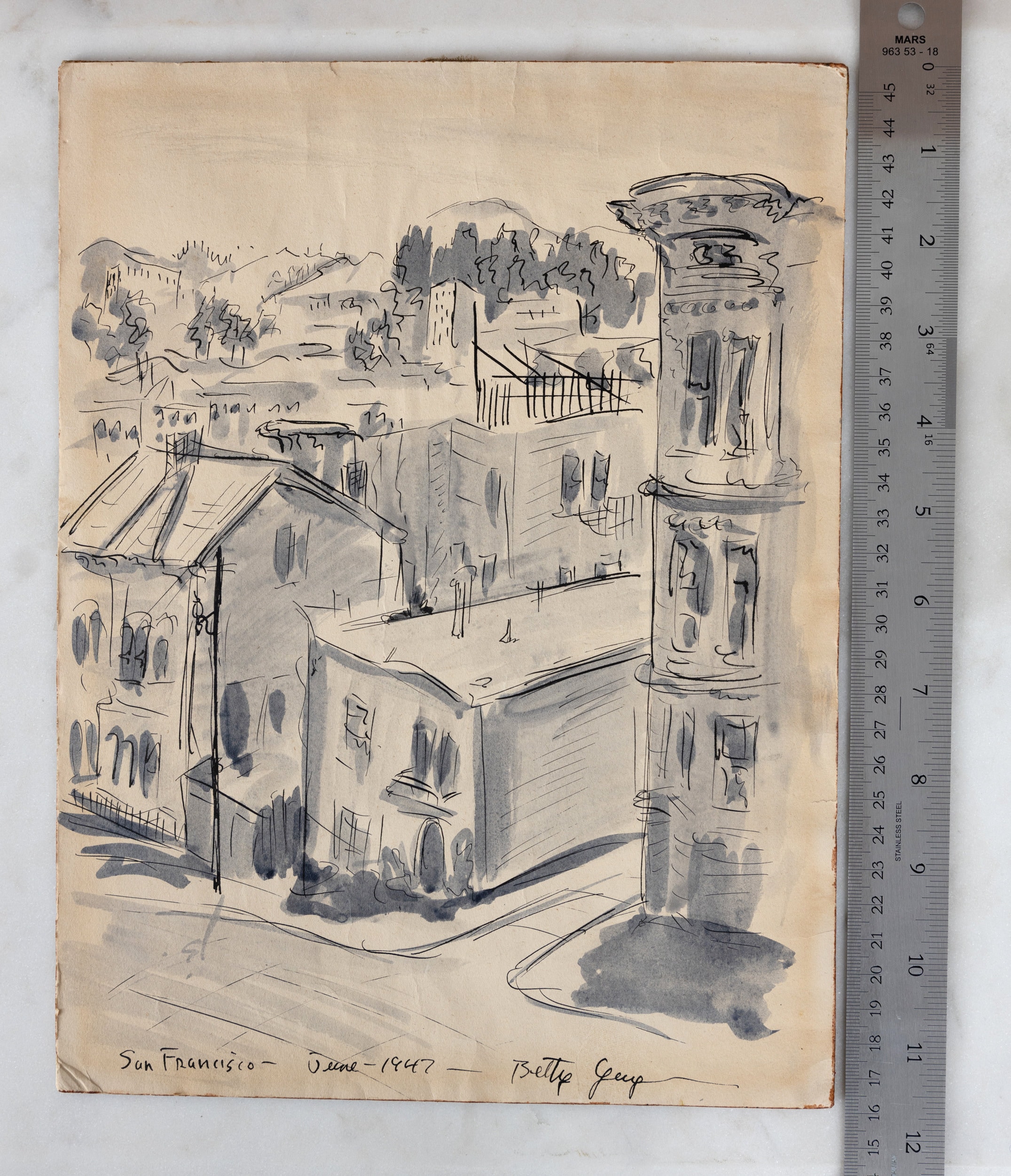 Betty Guy B/W San Francisco Watercolor Ink Cityscape Drawing Signed ...