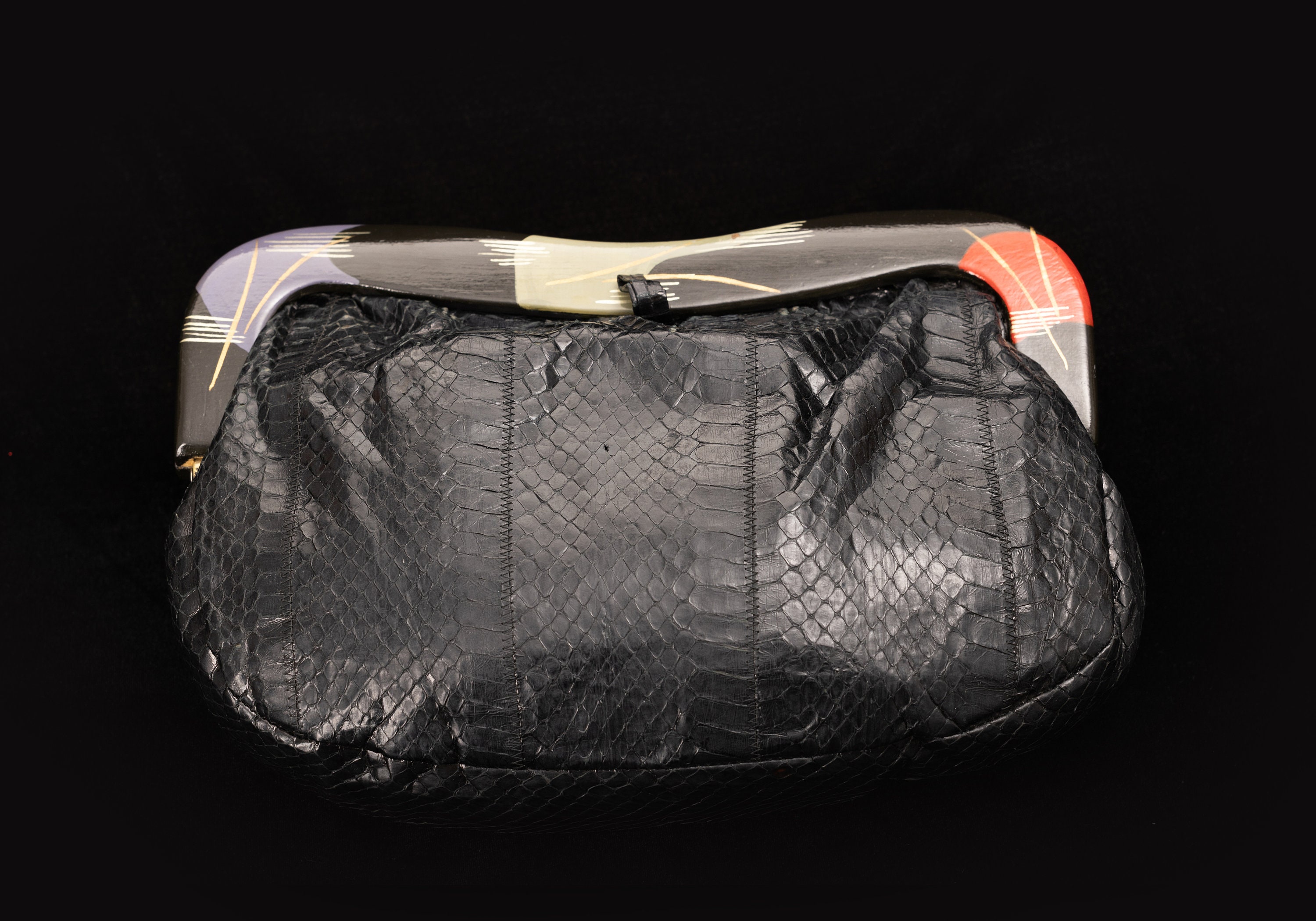 Zushi Black Snake Clutch With Hand-painted Wooden Handle Exquisite ...