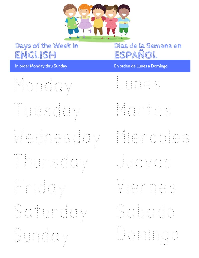 English & Spanish Days of the Week - Etsy
