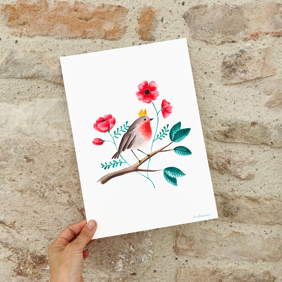 King Bird Poster Piou 1er Robin Gouache Painting A4 - Etsy