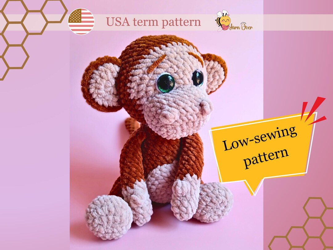 Low-sew Crochet Plush Monkey, Amigurumi Monkey Toy Pattern, Cute Monkey ...