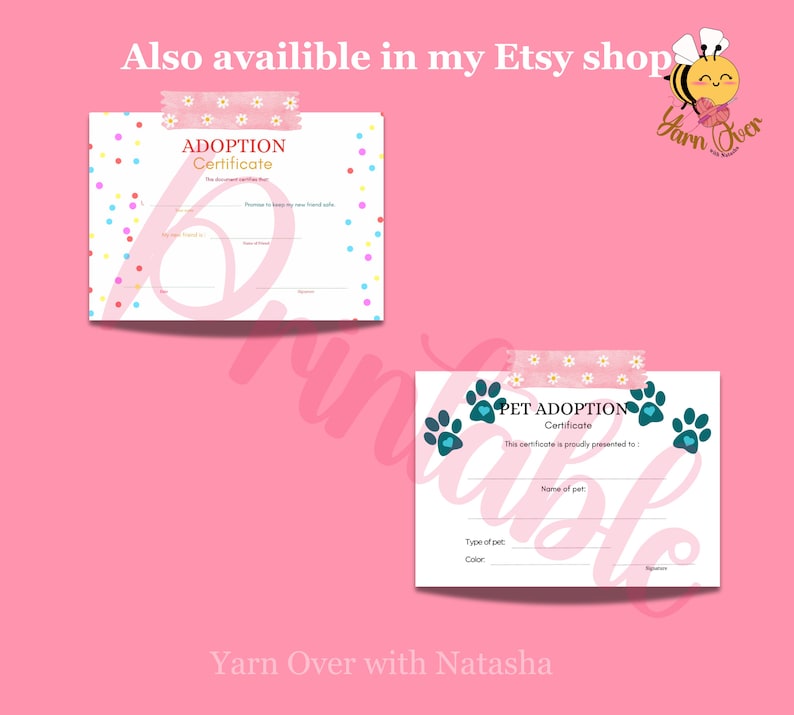 Printable Adoption Cards, Digital Toy Adoption Certificates, Personal ...