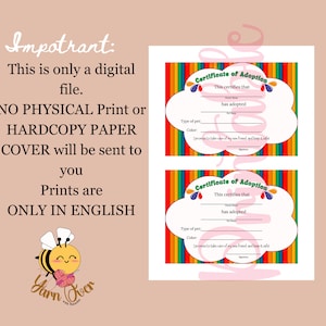 Printable Adoption Cards, Digital Toy Adoption Certificates, Personal ...