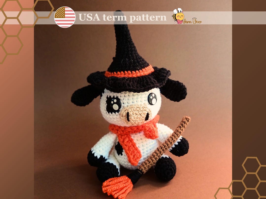 Crochet Halloween Cow, Amigurumi Cow With a Witch Hat With Broom, Witch ...
