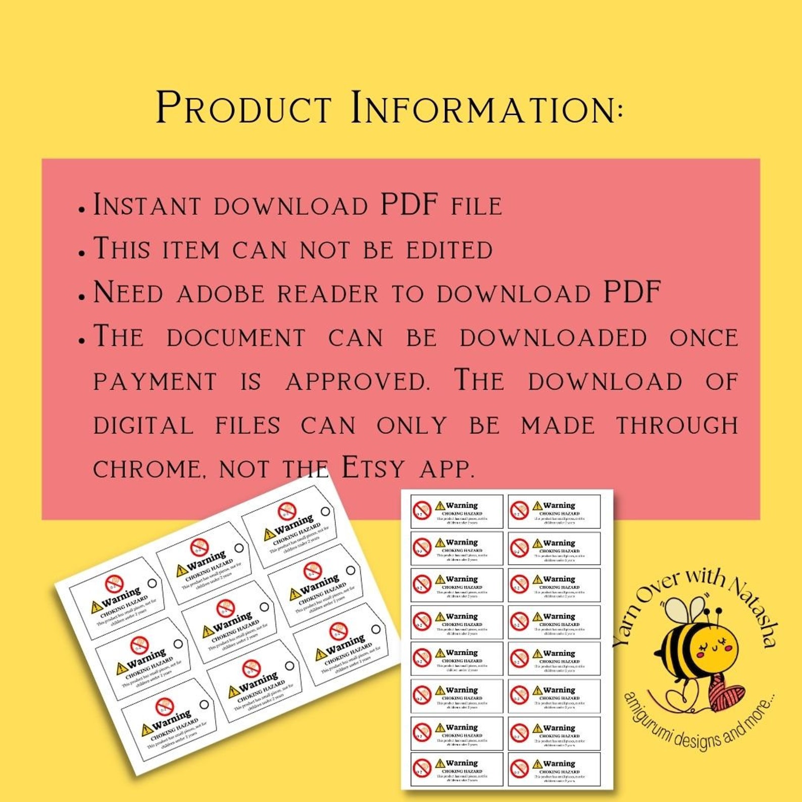 Printable Warning Labels for Crochet Toys/ Business Card Size Tags for ...