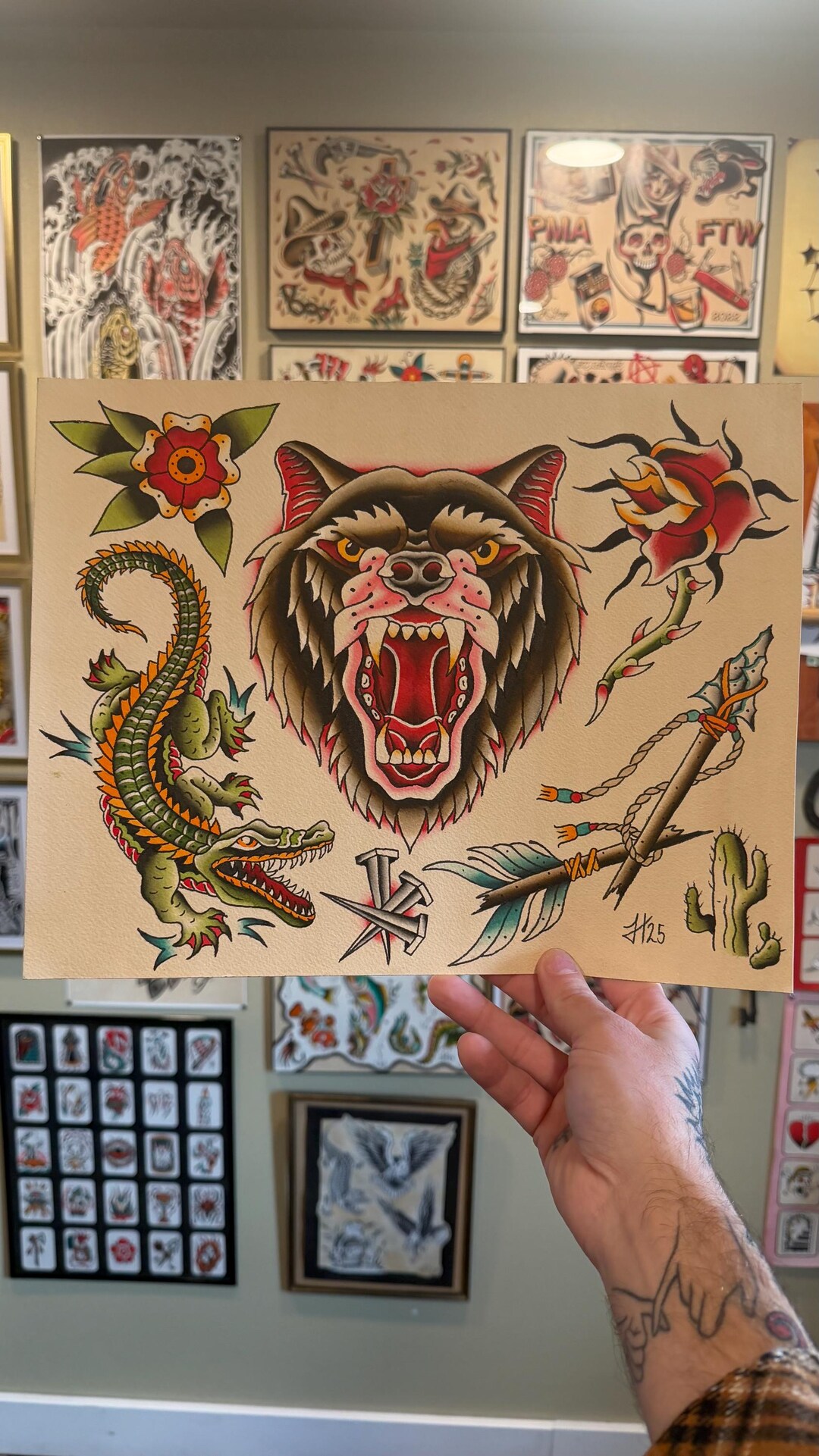 American Traditional Bear, Arrow, Gator, Rose Tattoo Flash Sheet PRINT ...