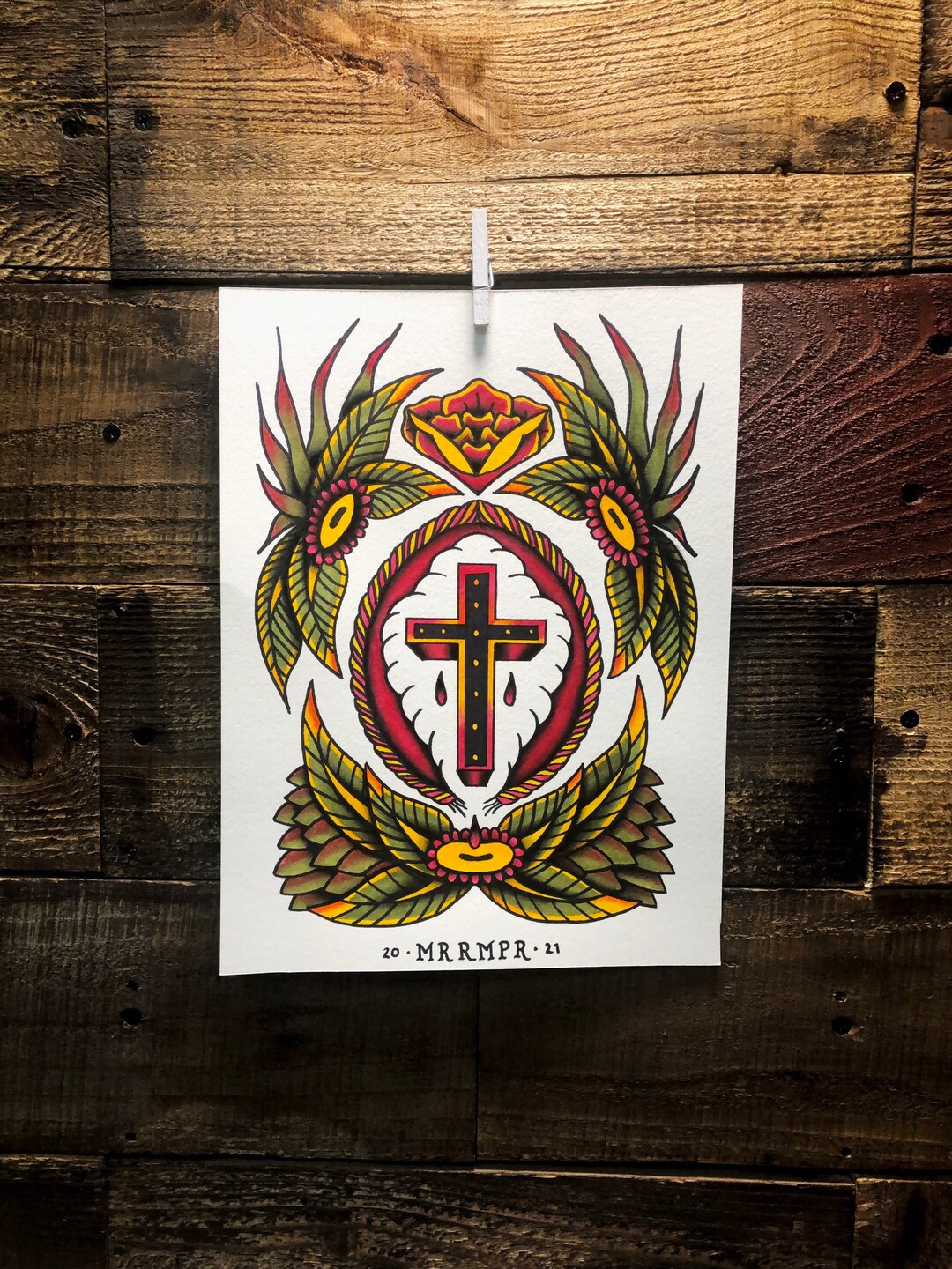 Hand Painted Old School Traditional Cross Tattoo Flash Sheet Painting ...