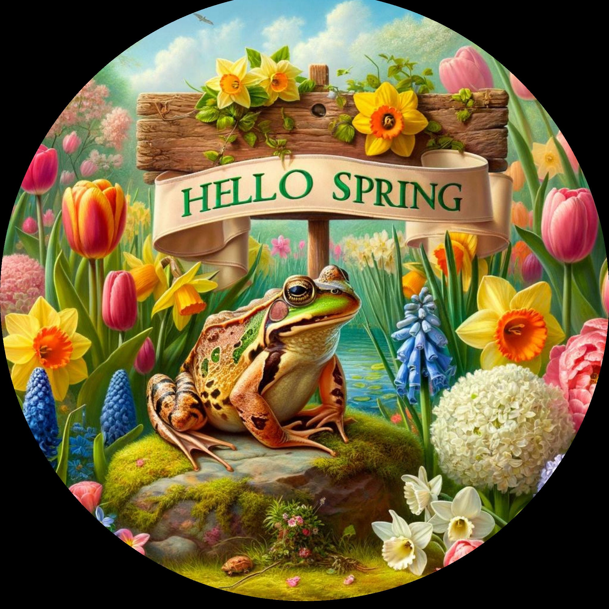 Hello Spring Frog Garden Sign, Lively Floral Froggy Welcome, Seasonal ...