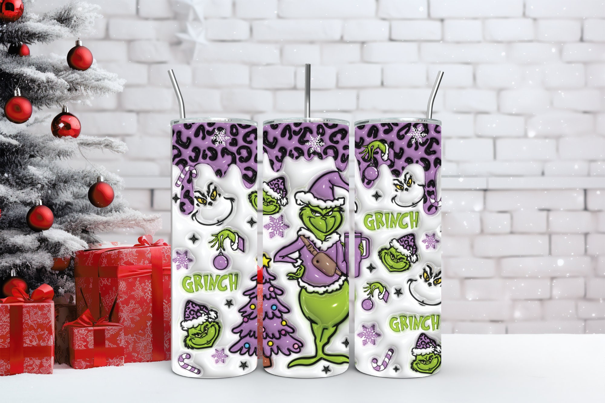 Purple Grinch Tree Tumbler 20 Oz Comes With Rubber Bottom, Lid, Straw ...