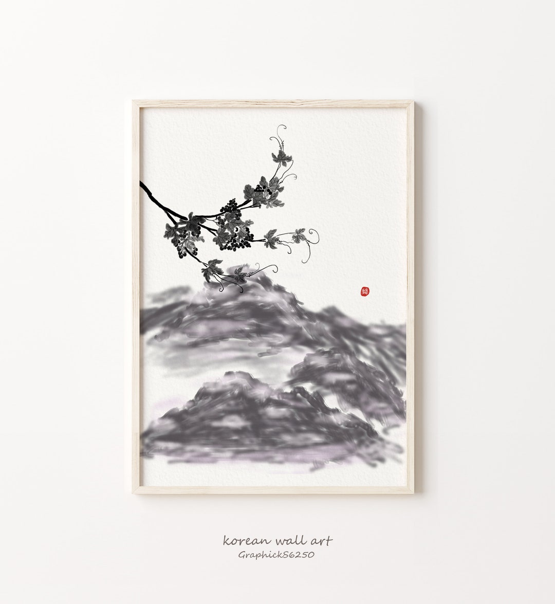 Korean Wall Art, Korean Ink Painting, Korean Art Print, Mountains and ...