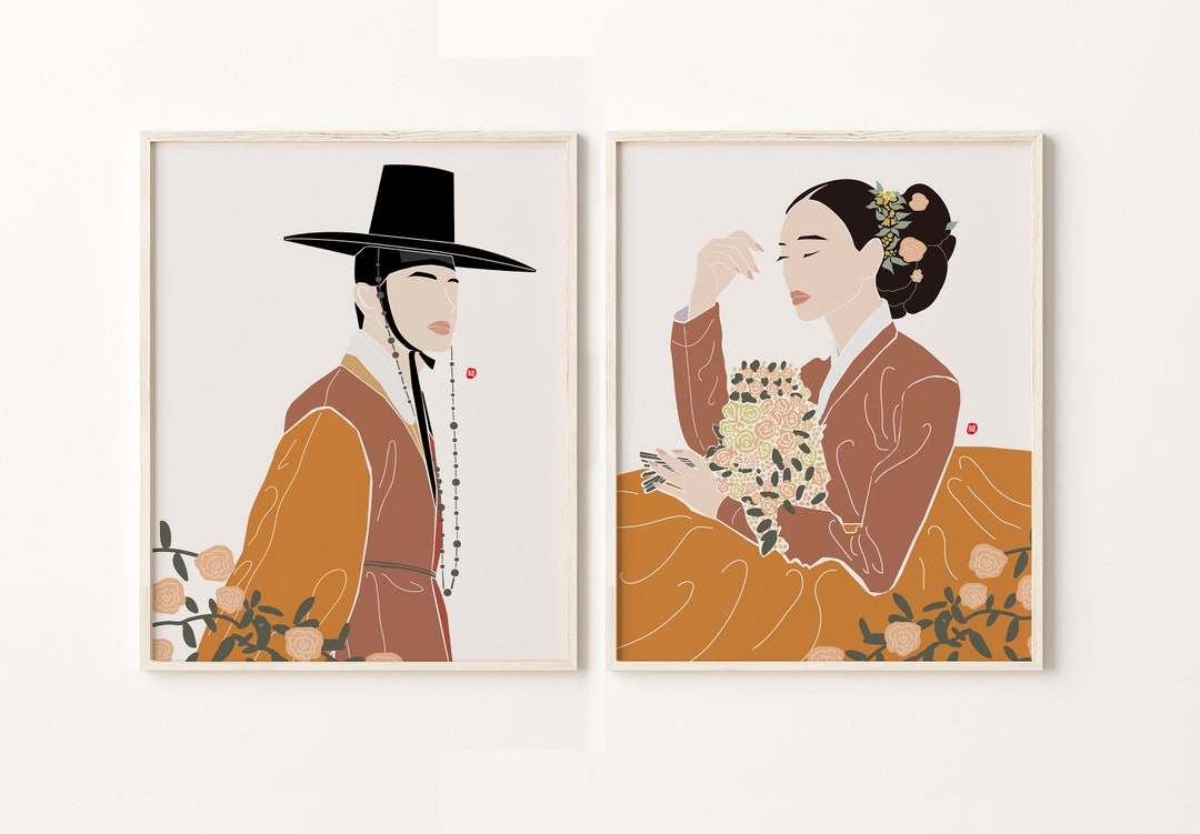 Korean Boho Wall Art Set of 2, Hanbok Art, Boho Korean Art, Korean Art ...