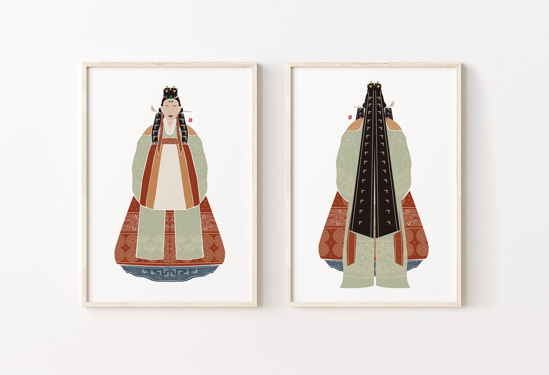 Korean Boho Wall Art Set of 2, Hanbok Art, Boho Korean Art, Korean Art ...