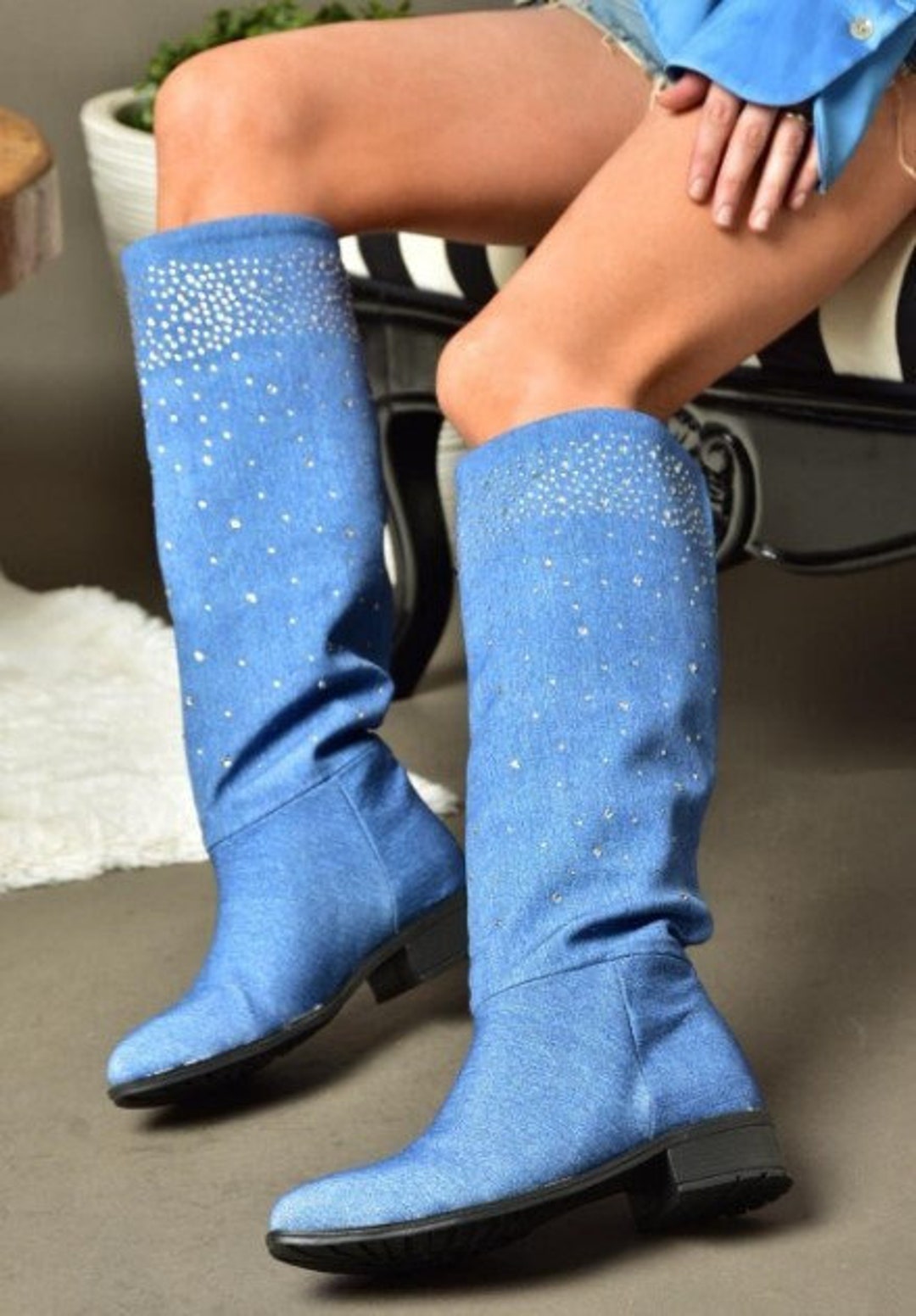 Women's Boots / Stone Detailed Women's Boots / Blue Denim Boots - Etsy