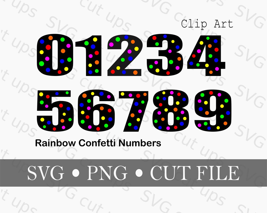 Rainbow Confetti Numbers, SVG and PNG Files, Clip Art - Etsy