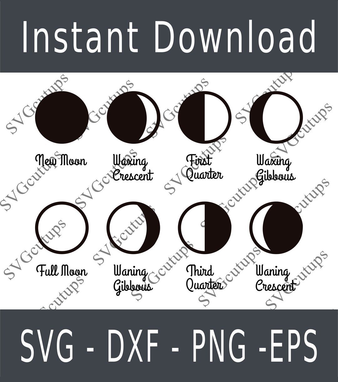 Lunar Phases Svg, Moon Phases Cut File, Moon Svg, Crescent Moon Svg ...