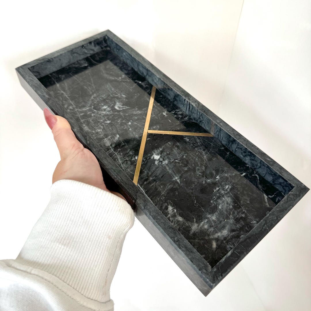 NATURAL MARBLE Tray Natural Stone Tray Grey Marble Tray Gold Accent ...