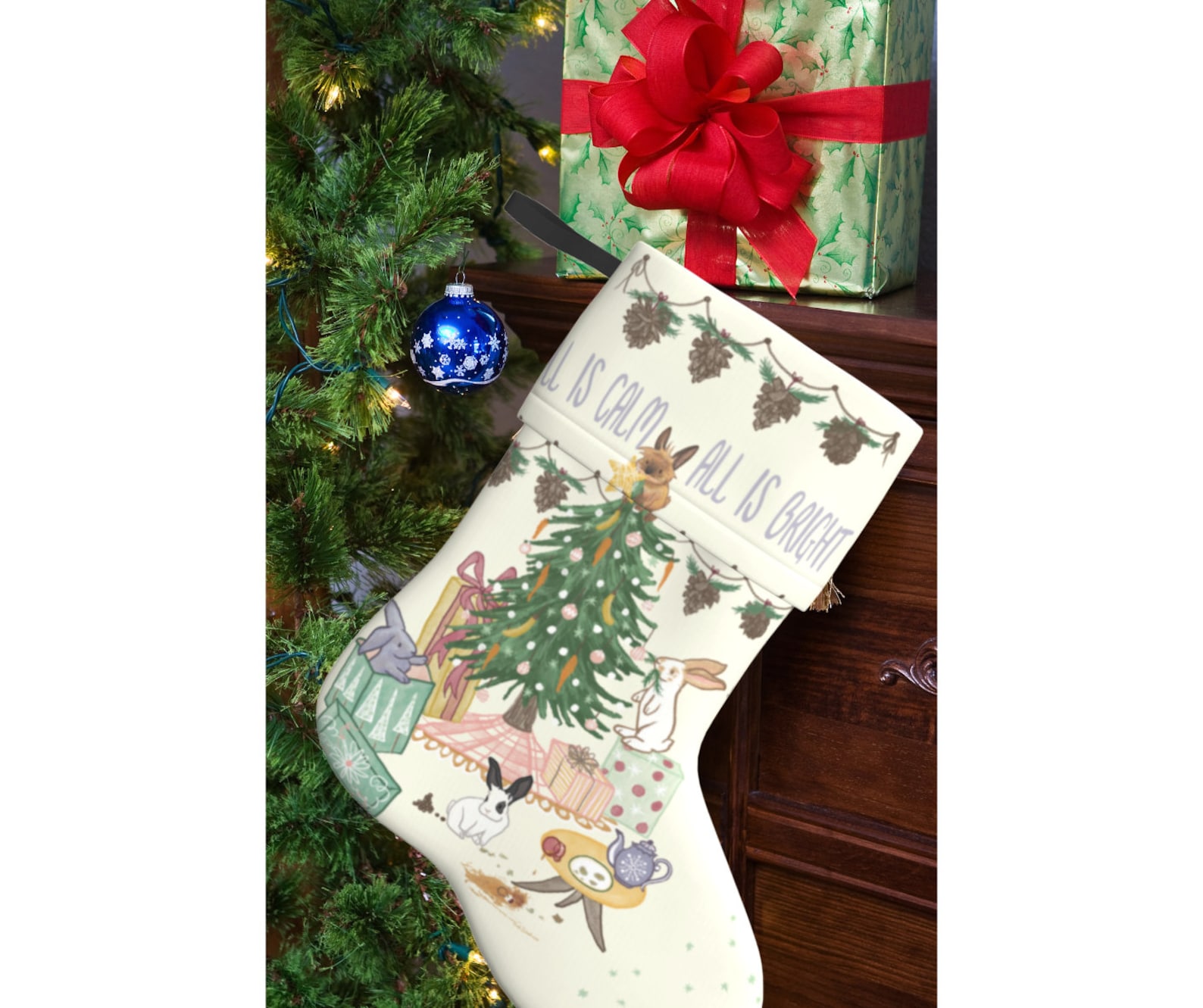 All is Calm Cute Bunny Rabbit Christmas Stocking | Bunny Rabbit Holiday ...