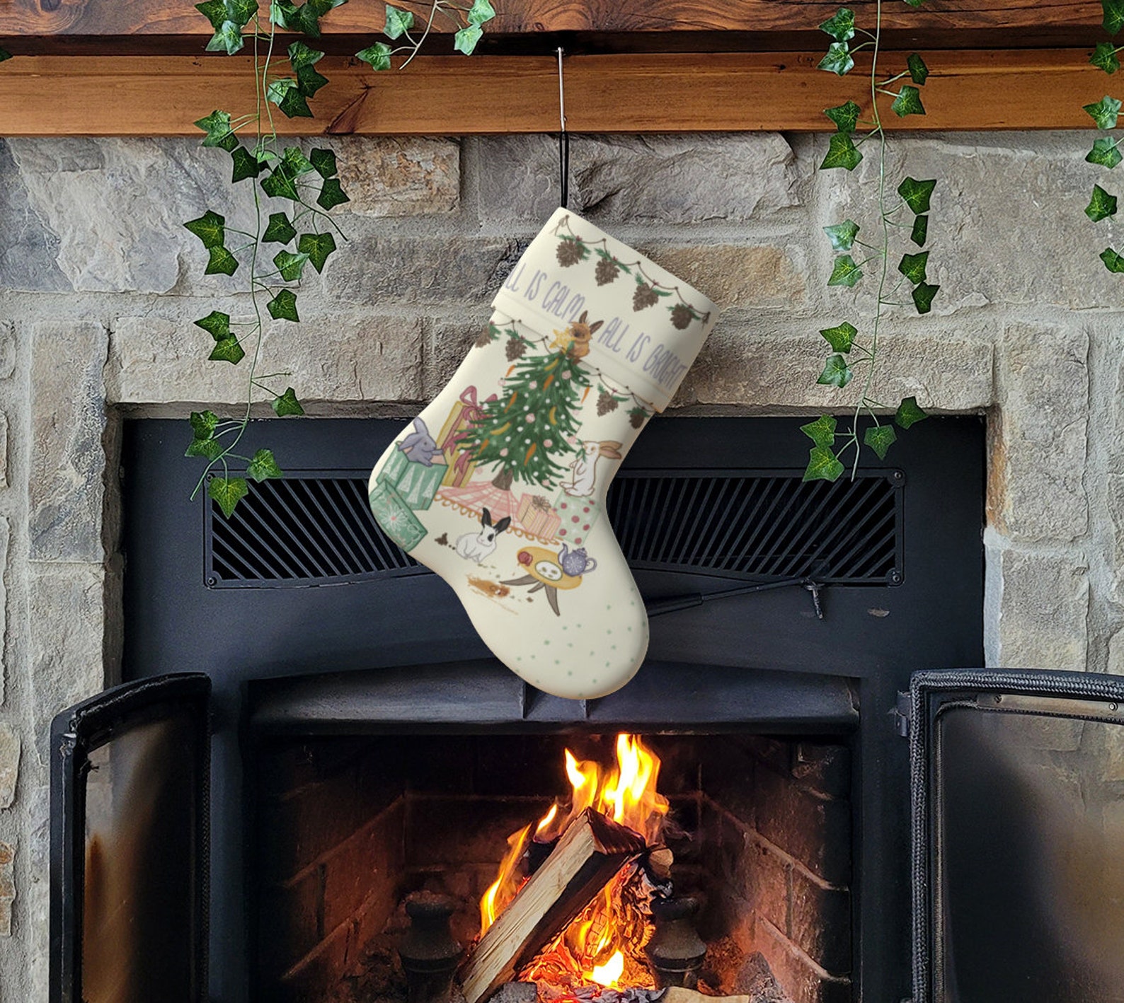 All is Calm Cute Bunny Rabbit Christmas Stocking | Bunny Rabbit Holiday ...