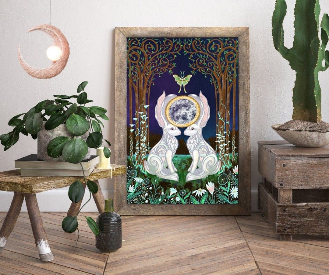 Ostara White Rabbit Luna Moth Full Moon Art Print | Pagan Decor | Cute ...