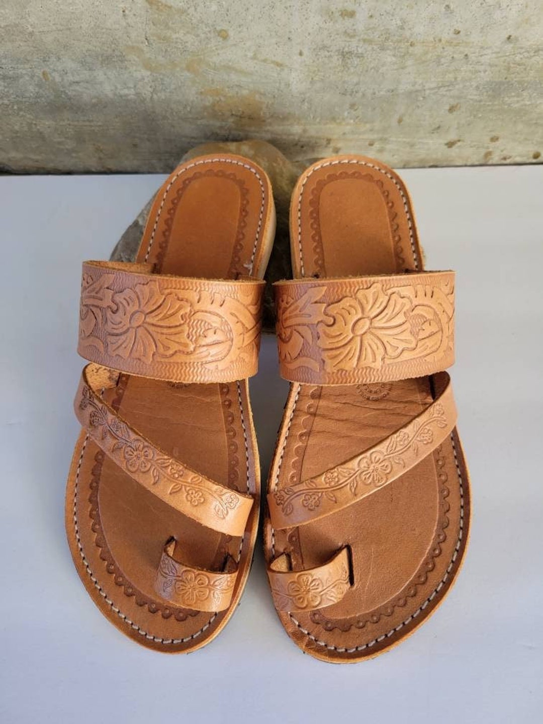 Tan Hand Carved Leather Sandal for Women, Summer Sandals, Leather ...