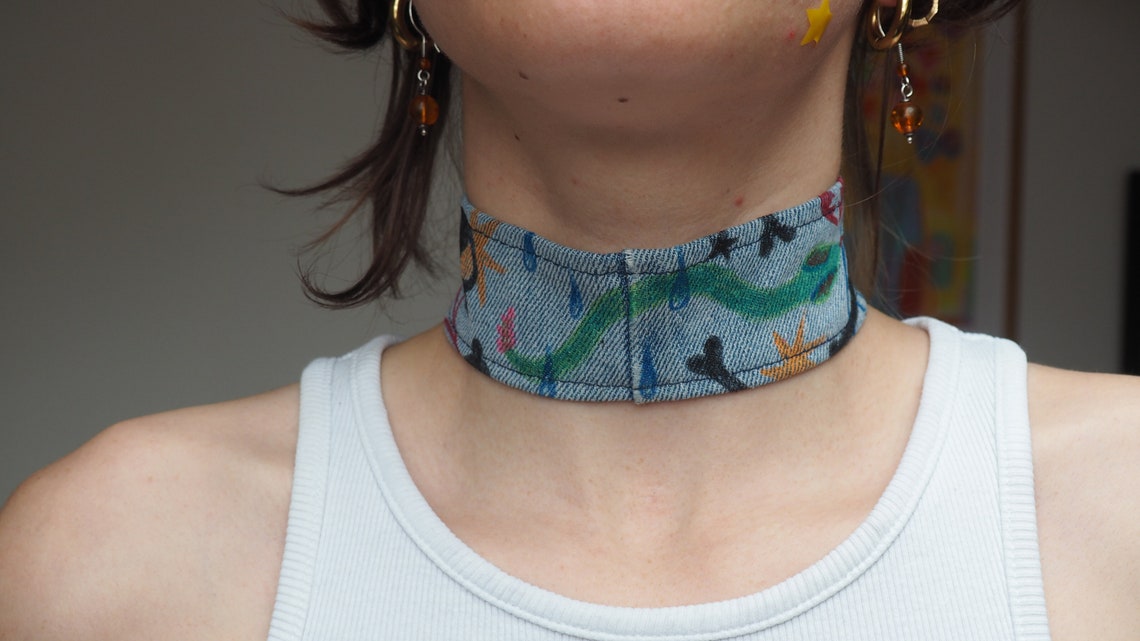 Denim Fluffy Ribbon Choker - Hand Drawn Neck Cuff - Etsy
