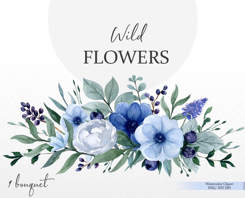 Blue flowers clipart watercolor floral bouquet png greenery | Etsy