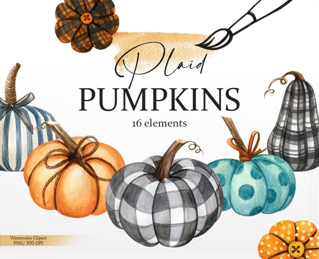 Fall Clipart, Watercolor Pumpkin Clipart, Thanksgiving Clipart, Plaid ...