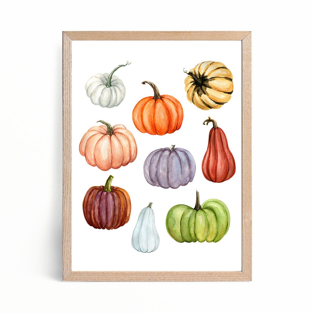 Pumpkins Printable Wall Art, Fall Wall Art, Colorful Watercolor Pumpkin ...